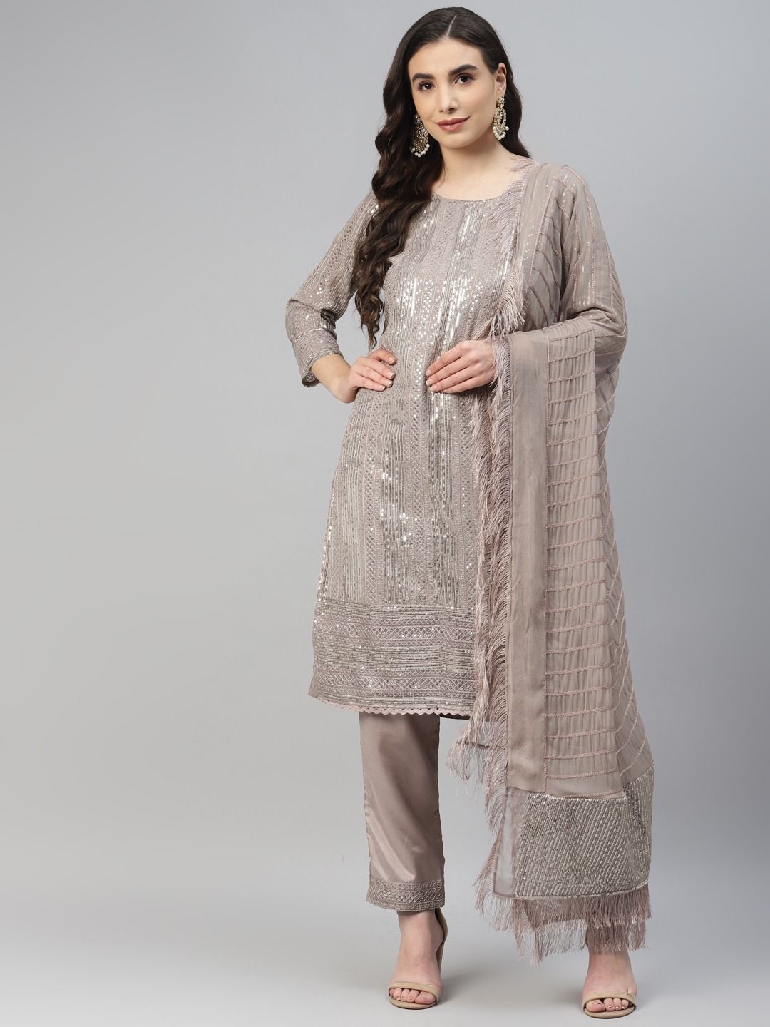 Straight Style Georgette Fabric Brown color Kurti with Embroidery ...