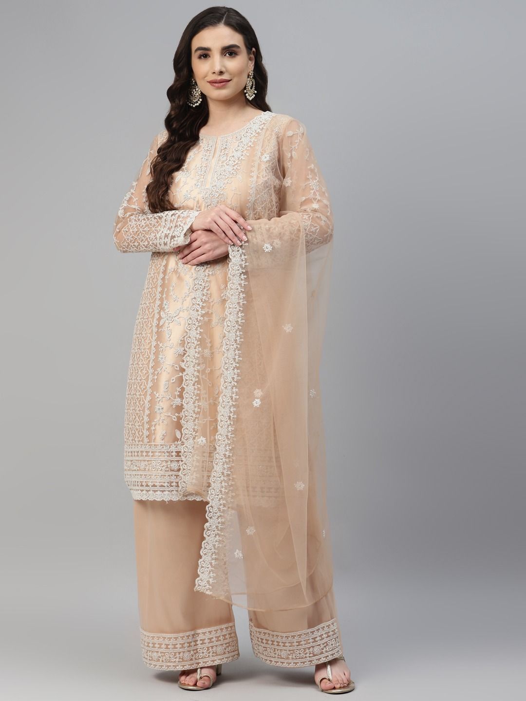 Straight Style Net Fabric Beige color Kurti with Thread work and ...