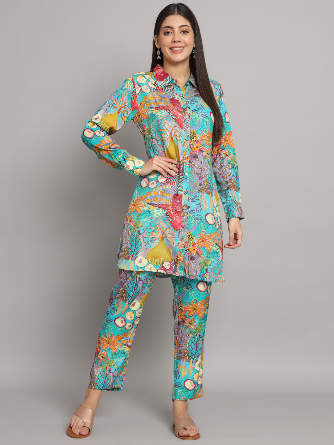 Women Curved style Silk fabric Teal color Floral Printed Kurta and ...