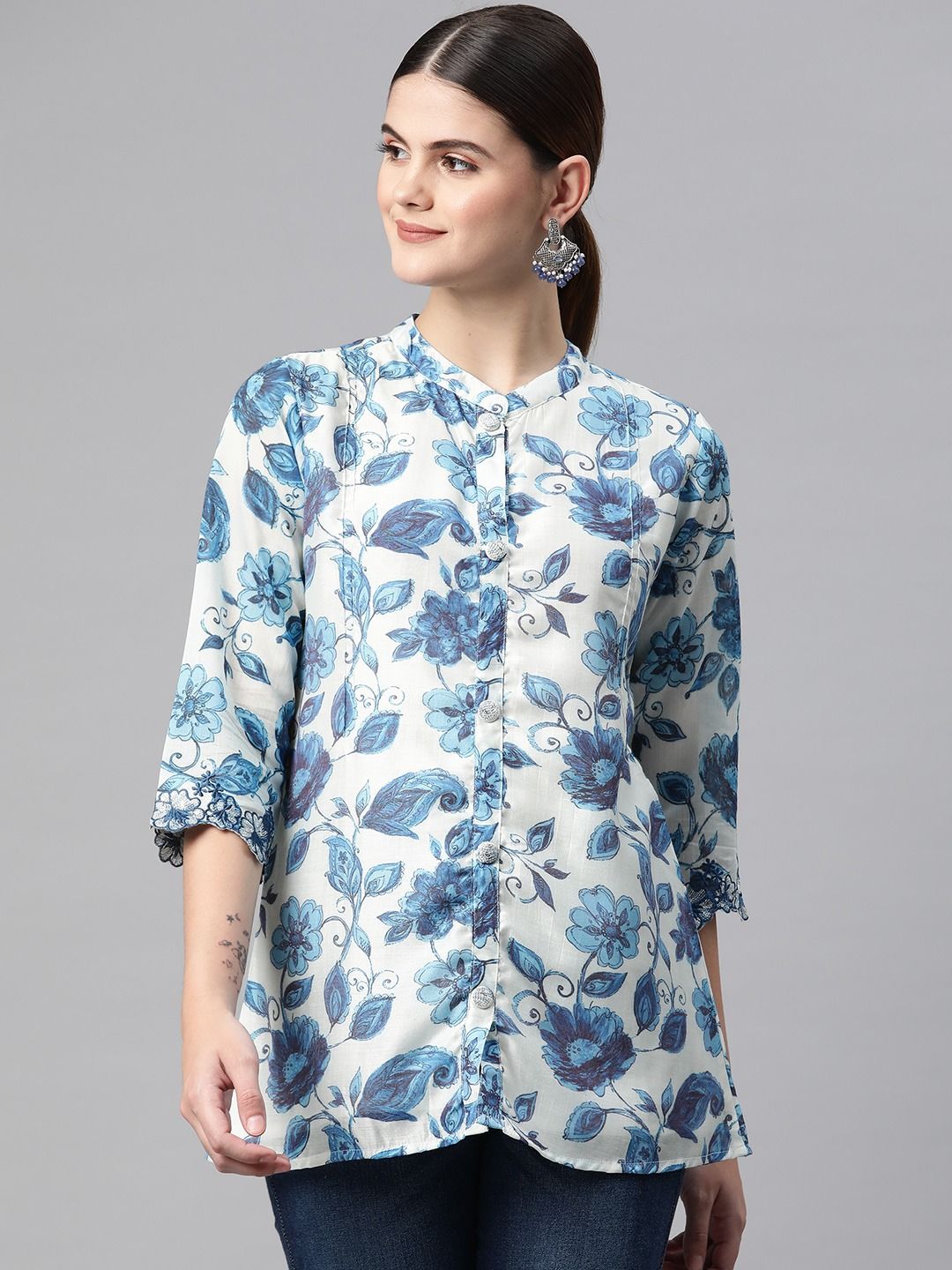A Line style Silk fabric Blue color Floral Printed Work Top