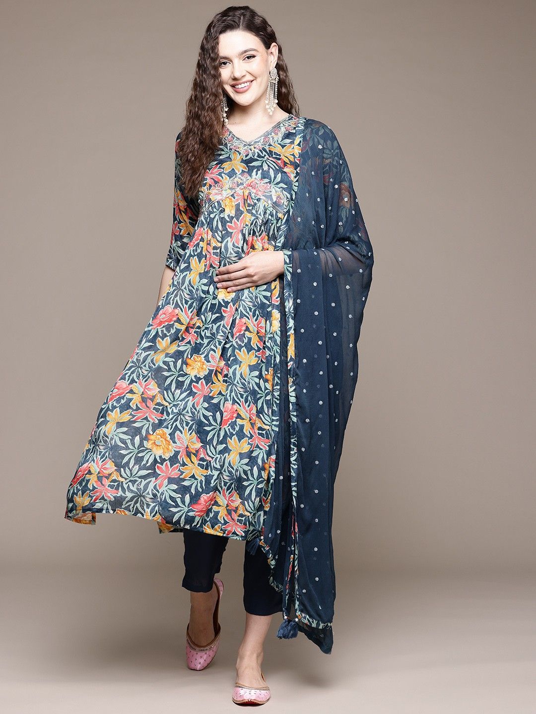 Flared style Silk fabric Blue color kurti with Palazzo and dupatta with ...