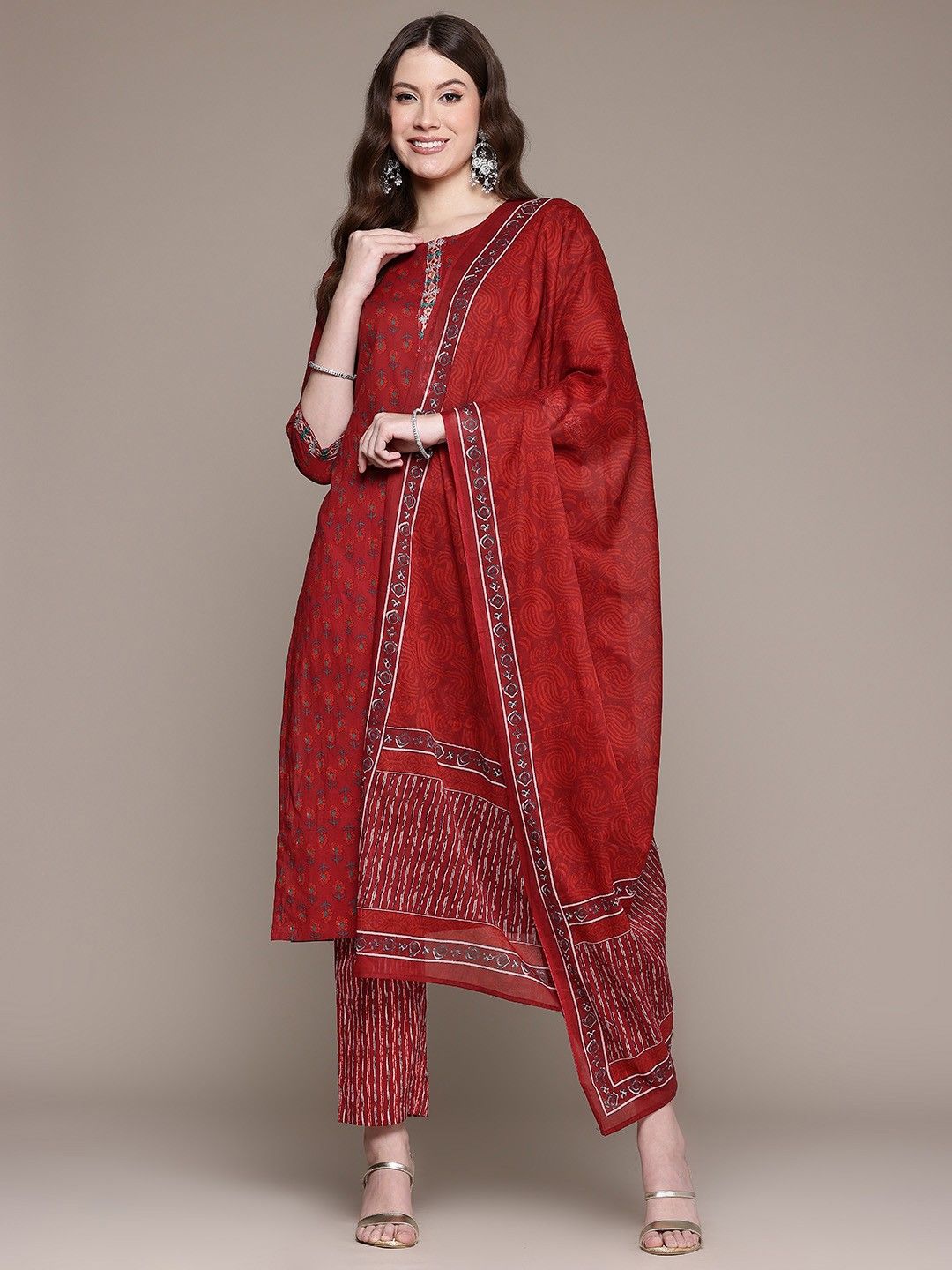 Straight style Cotton fabric Maroon color floral Printed kurti with ...